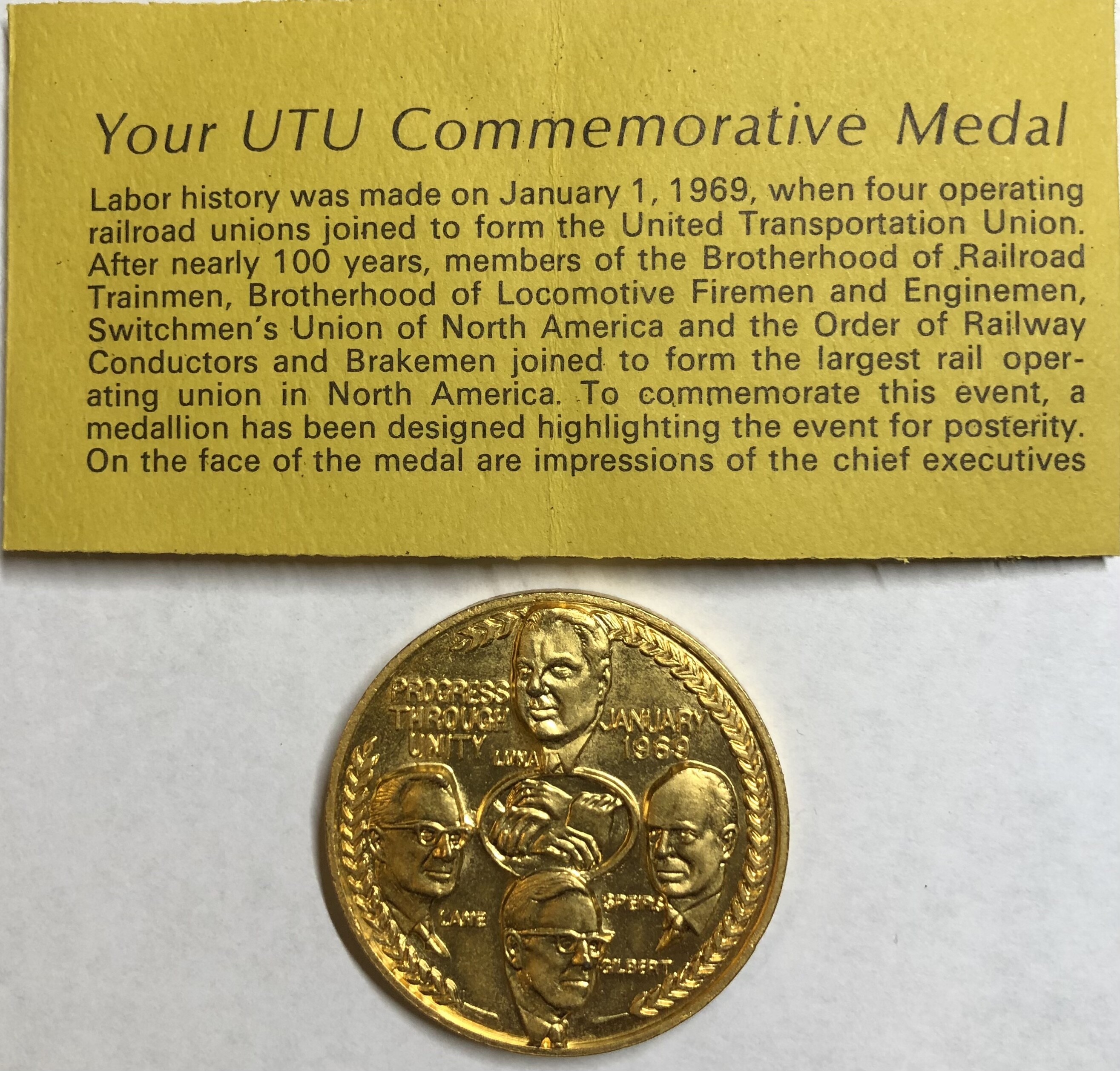 >1969 UTU Commemorative Medal - Progress Through Unity With Founders ...