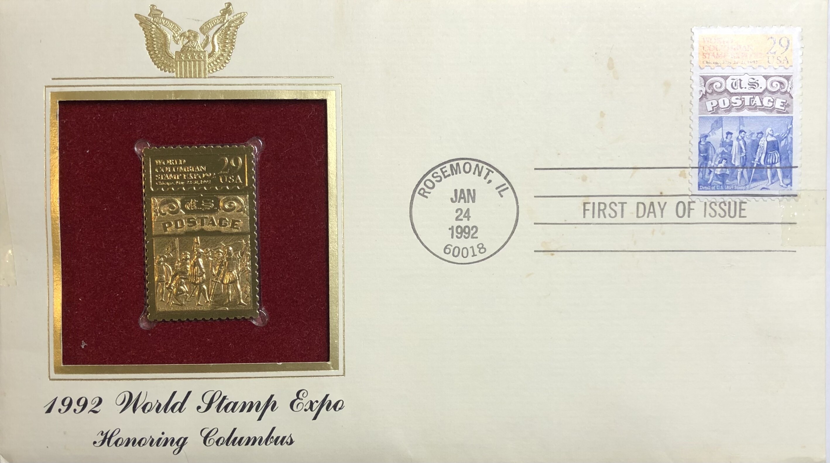 >1992 World Stamp Expo Honoring Columbus - 22KT Gold Replica Stamp - First Day Issue | Property Room