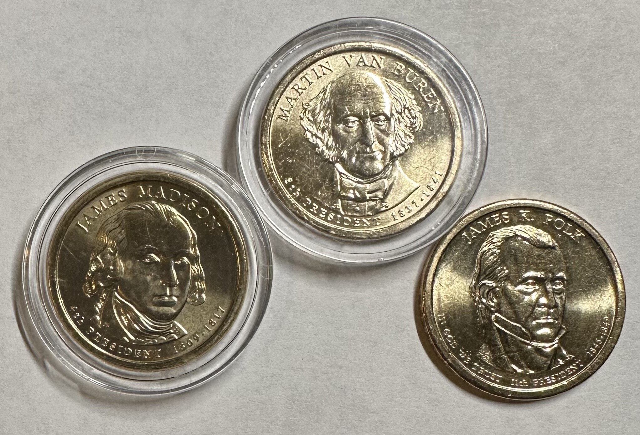 >Lot of 3 U.S. Presidential $1 Coins - 2007-D Madison, 2008-P Van Buren ...