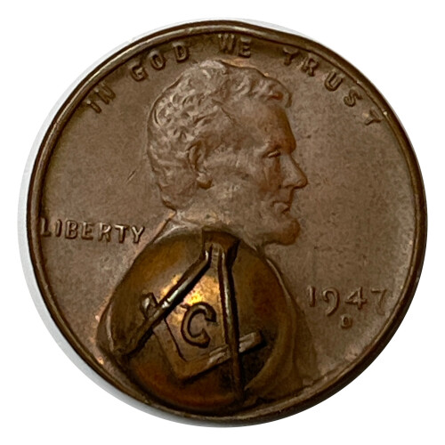 * 1947-D U.S. Lincoln Wheat Cent with Raised Masonic Compass & Square ...