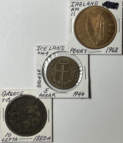 * 1882-A Greece 10 Lepta, 1946 Iceland Bronze 5 Aurar & 1968 Ireland ...