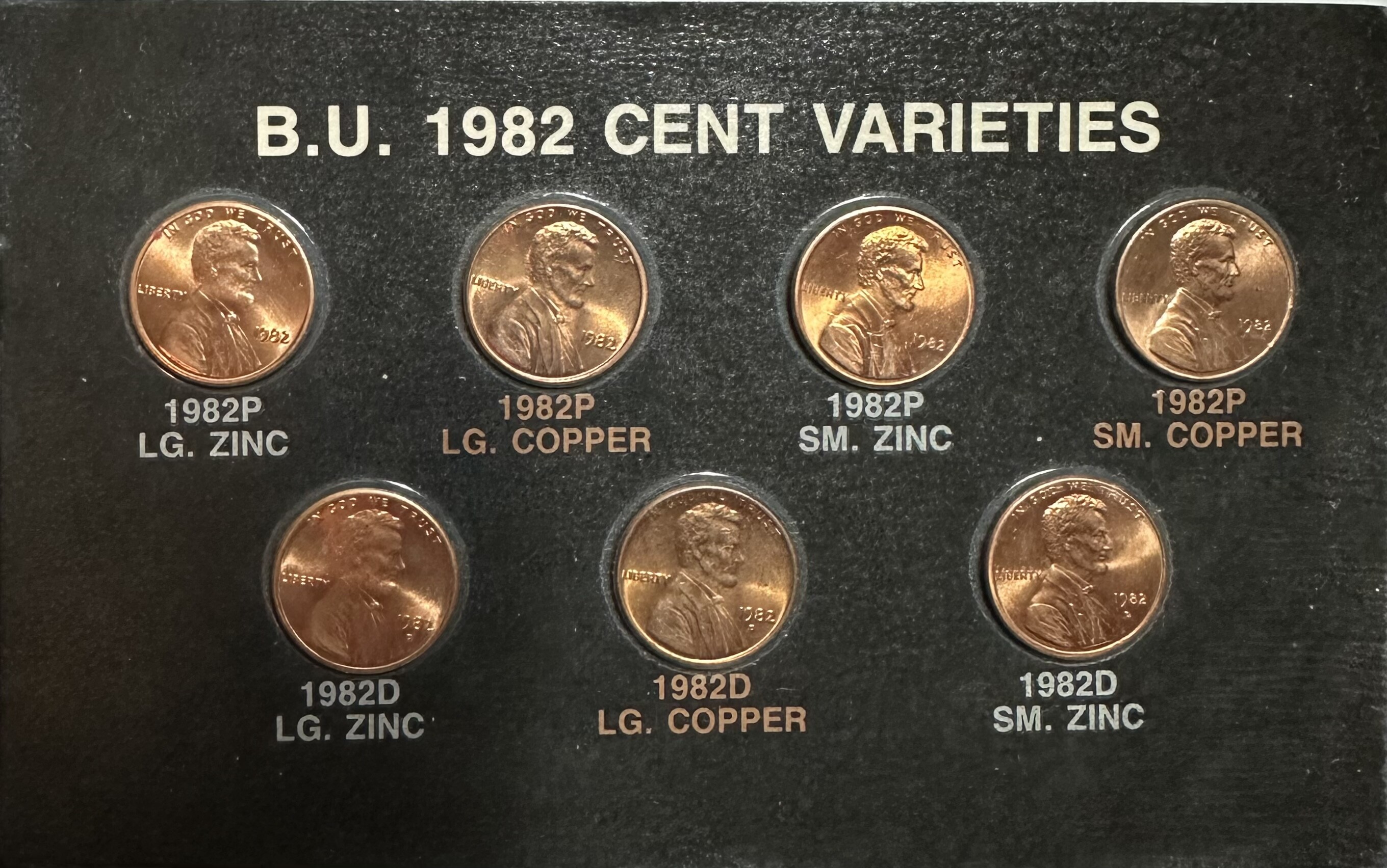 >1982 (P&D) U.S. Lincoln Cent 7 Coin Variety Set; BU in Custom Display ...