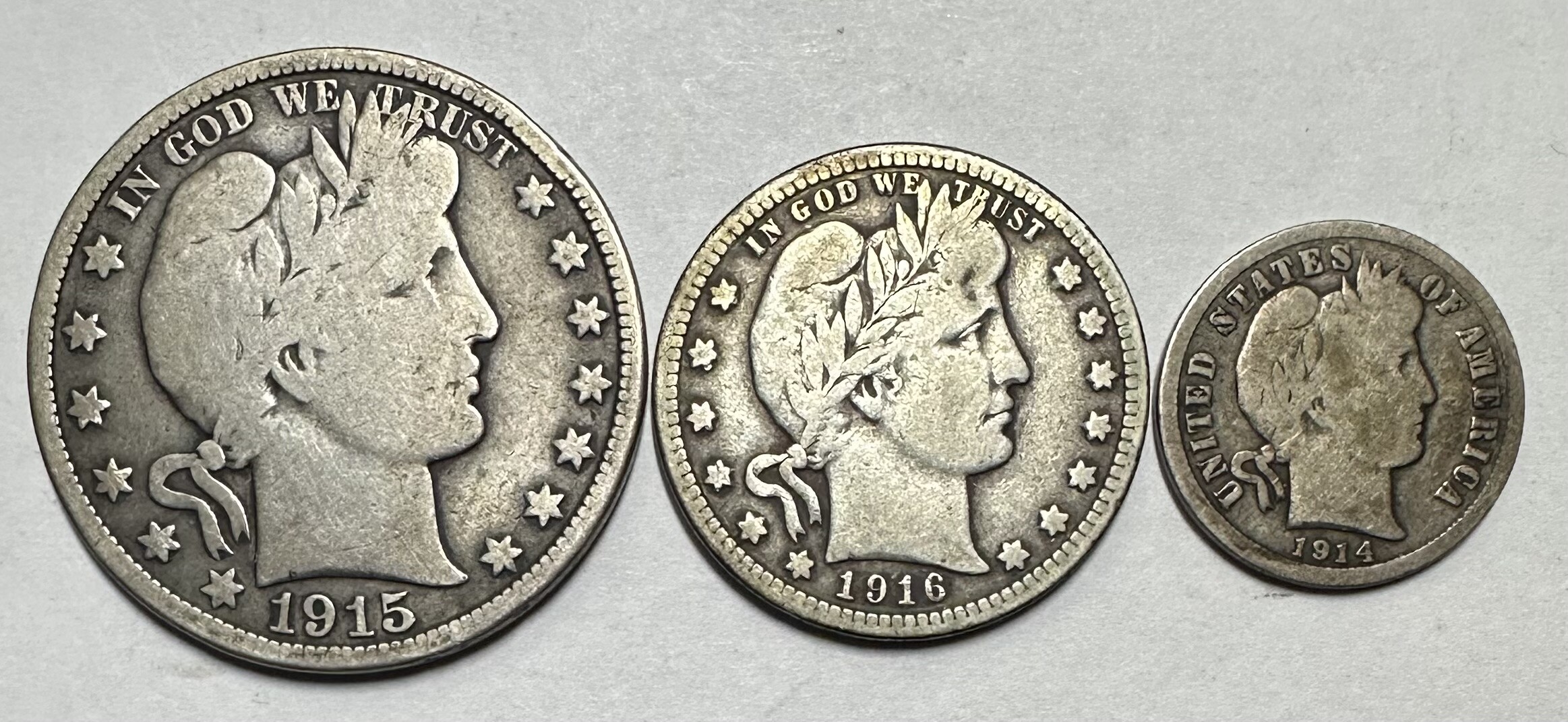 Set of 3 U.S. Silver Barbers - 1915-D Barber Half Dollar, 1916-D Barber ...