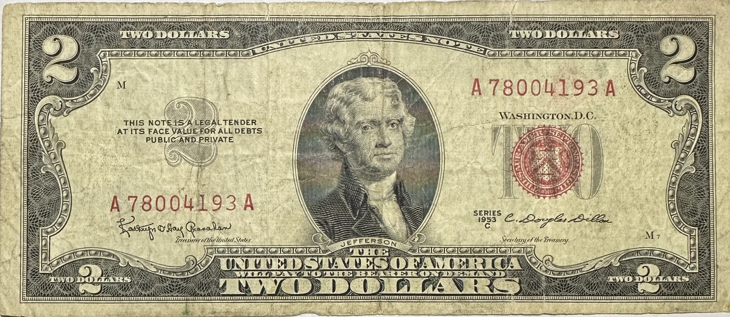 1953 C Series U.S. Two ($2) Dollars Note - Red Seal, Gresham/Dillon ...