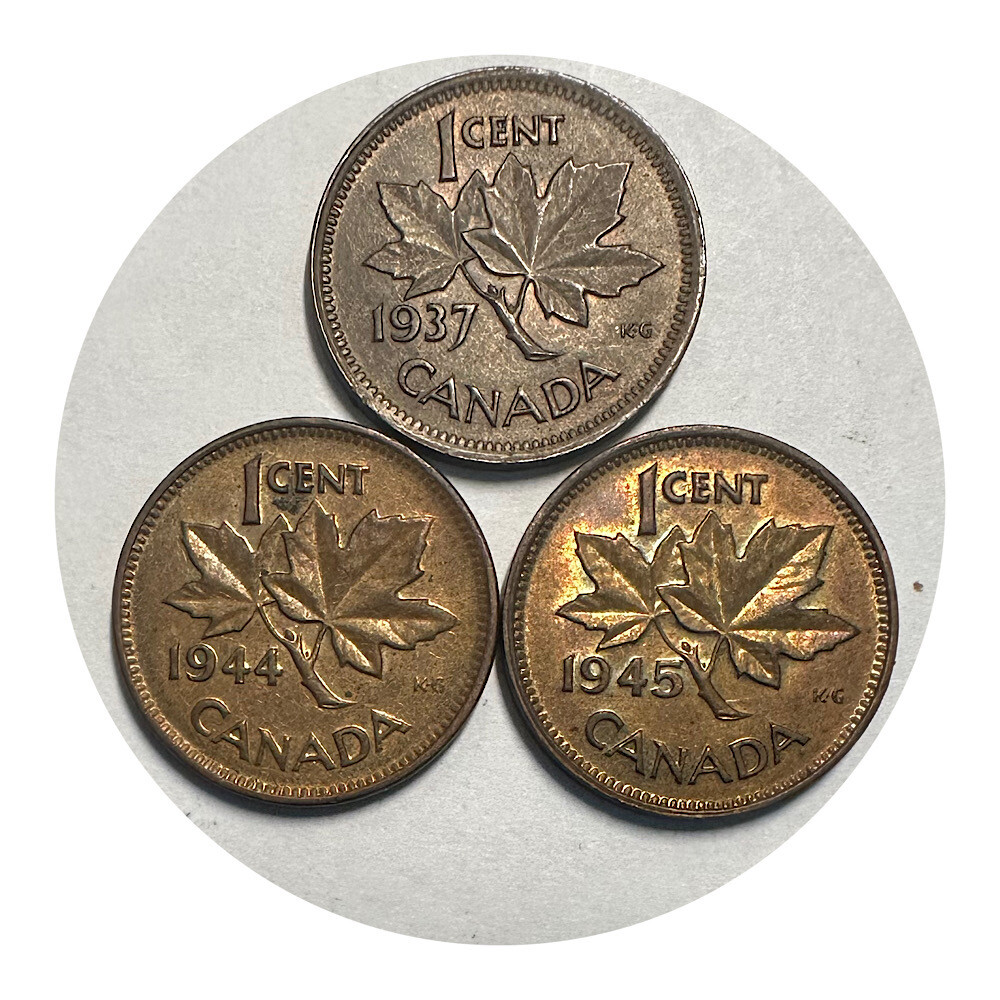 1937, 1944 and 1945 Canada Uncirculated 1 Cent Coins - 3 Coins with ...