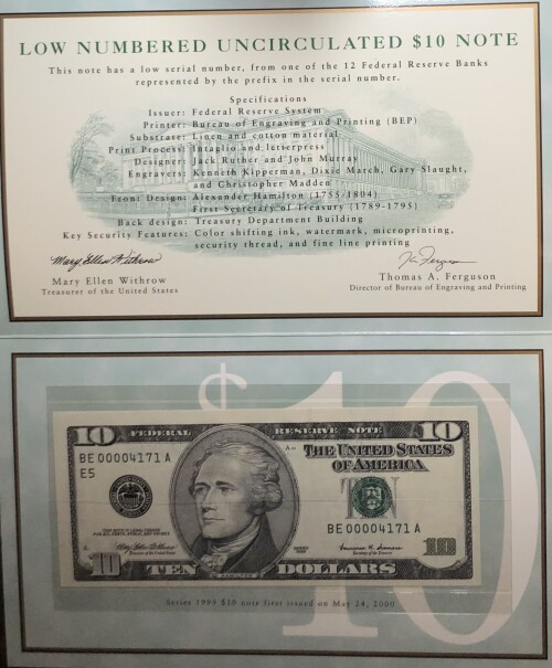 *1999 US Dept. of the Treasury Crisp $10 Low Numbered Note ...