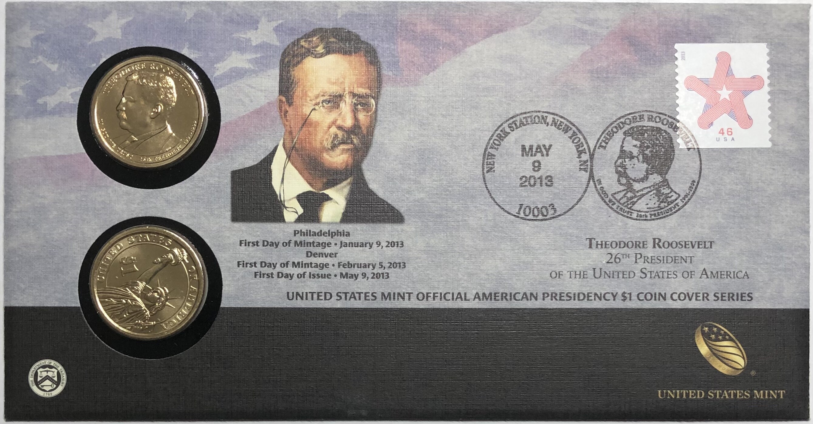 >2013 U.S. P&D Theodore Roosevelt Presidential $1 Coins - First Day in ...