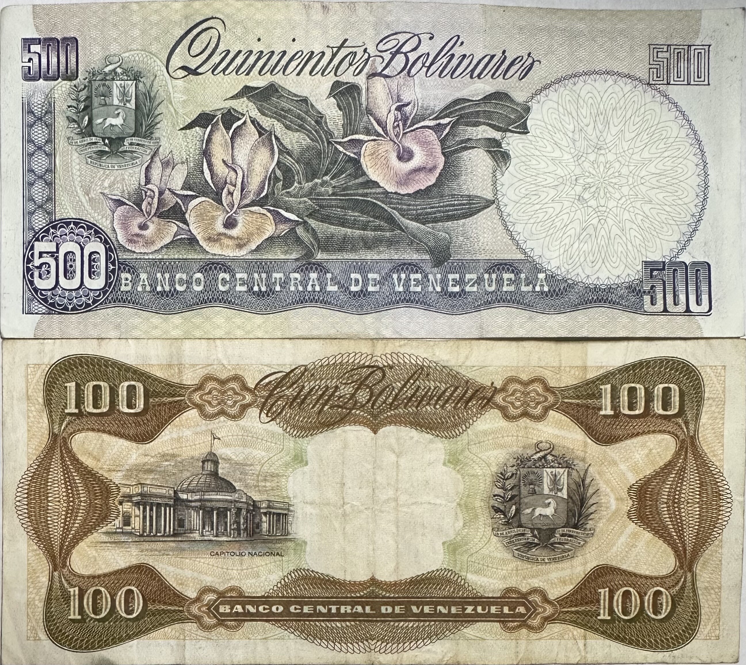 >Venezuela 500 and 100 Bolivares Banknotes - 2 Crisp, Colorful Notes ...