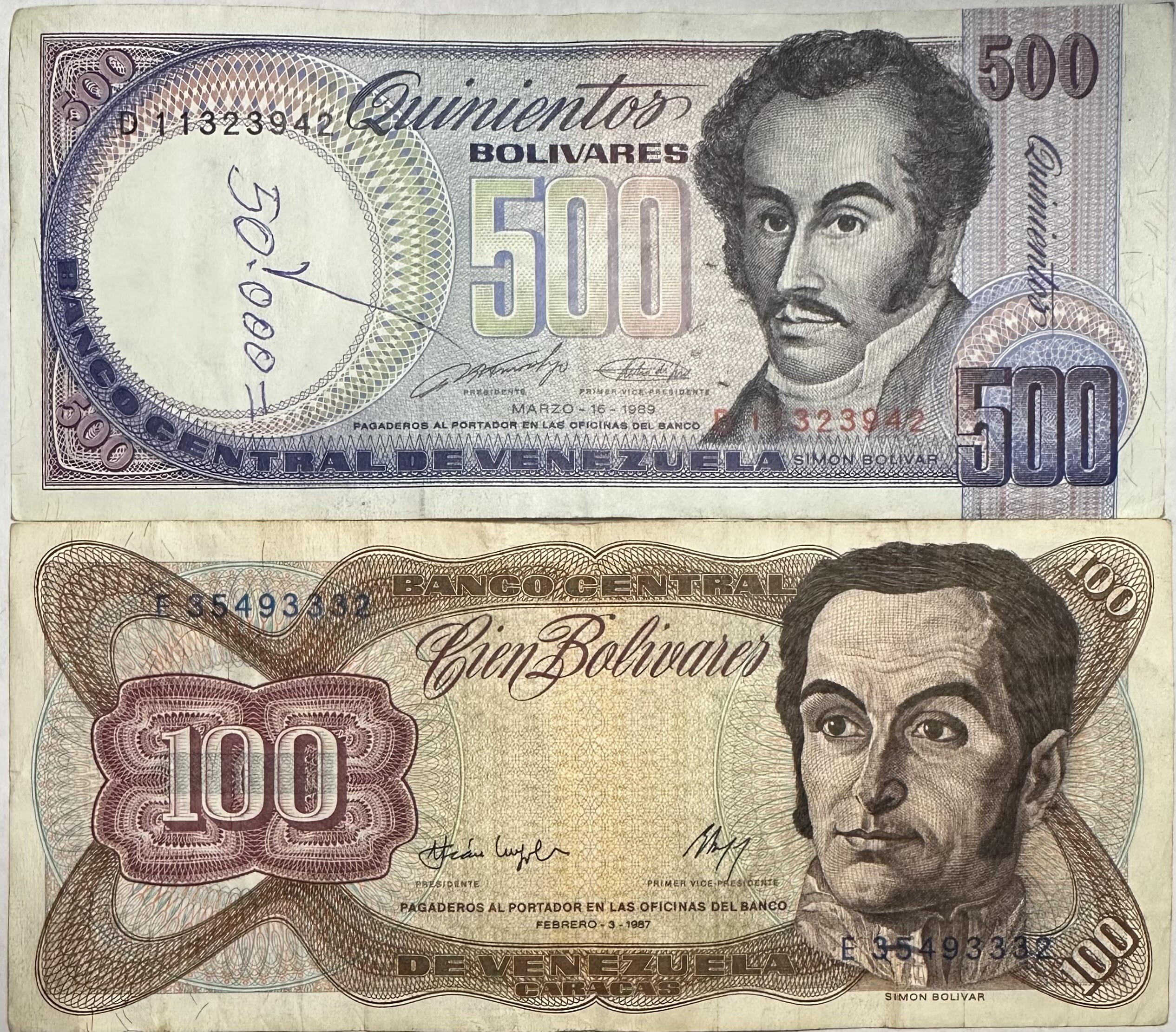 >Venezuela 500 and 100 Bolivares Banknotes - 2 Crisp, Colorful Notes ...
