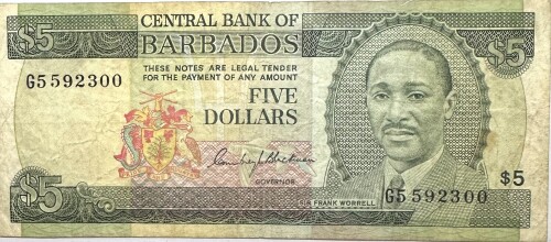 1975-1993 Barbados 5 Dollar Crisp Banknote with Map of Barbados ...