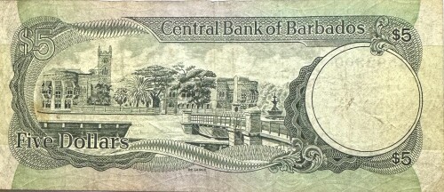 1975-1993 Barbados 5 Dollar Crisp Banknote with Map of Barbados ...