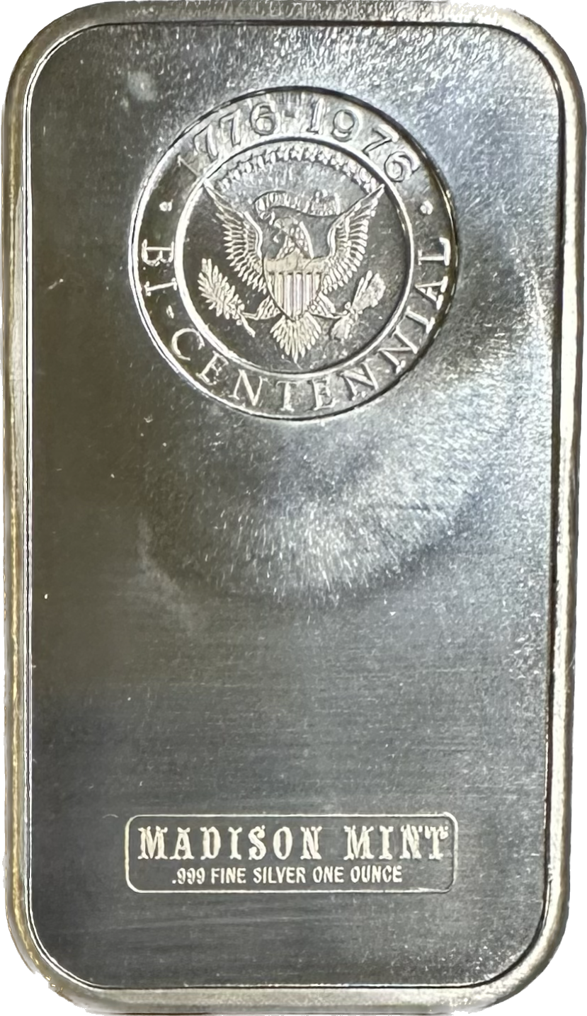 >1976 .999 Silver One Troy Ounce Bar, Madison Mint John Tyler ...