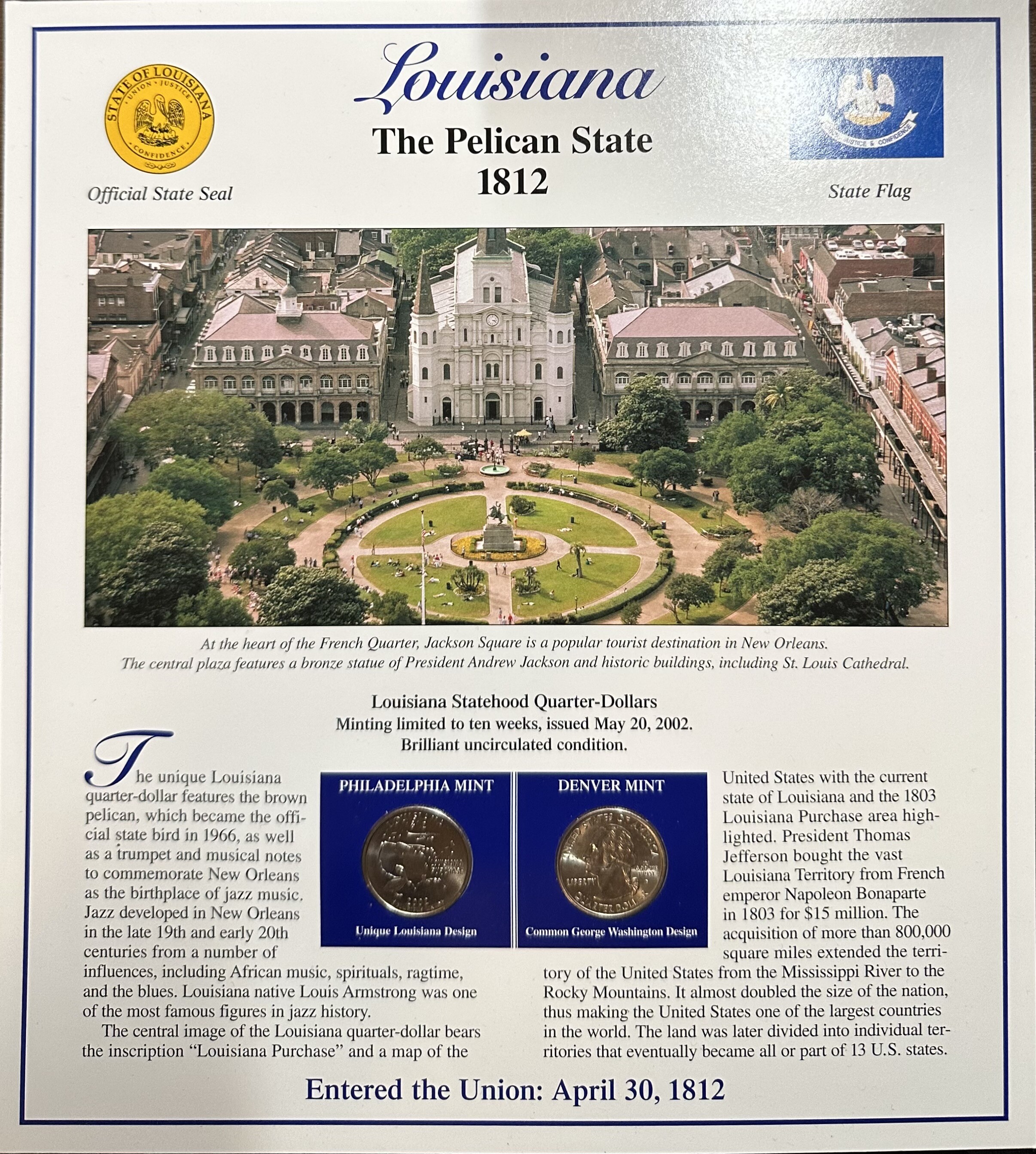 >2002 (P&D) U.S. Louisiana Statehood Quarters (2) - and 2 Historic Stamps on Collector Panel ...