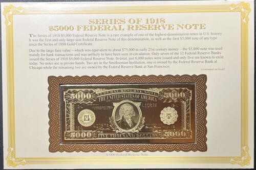 * Series of 1918 $5000 Federal Reserve Note - Gold Layered Replica ...