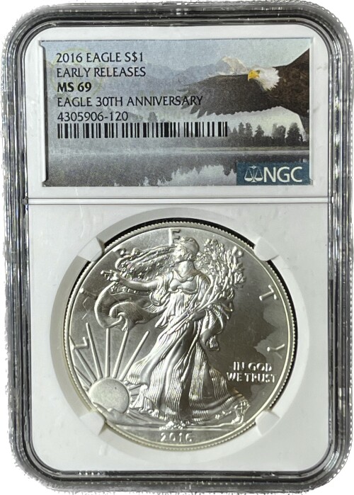 * 2016 U.S. Silver American Eagle One Dollar - Certified MS69 by NGC - 30th Anniversary ...