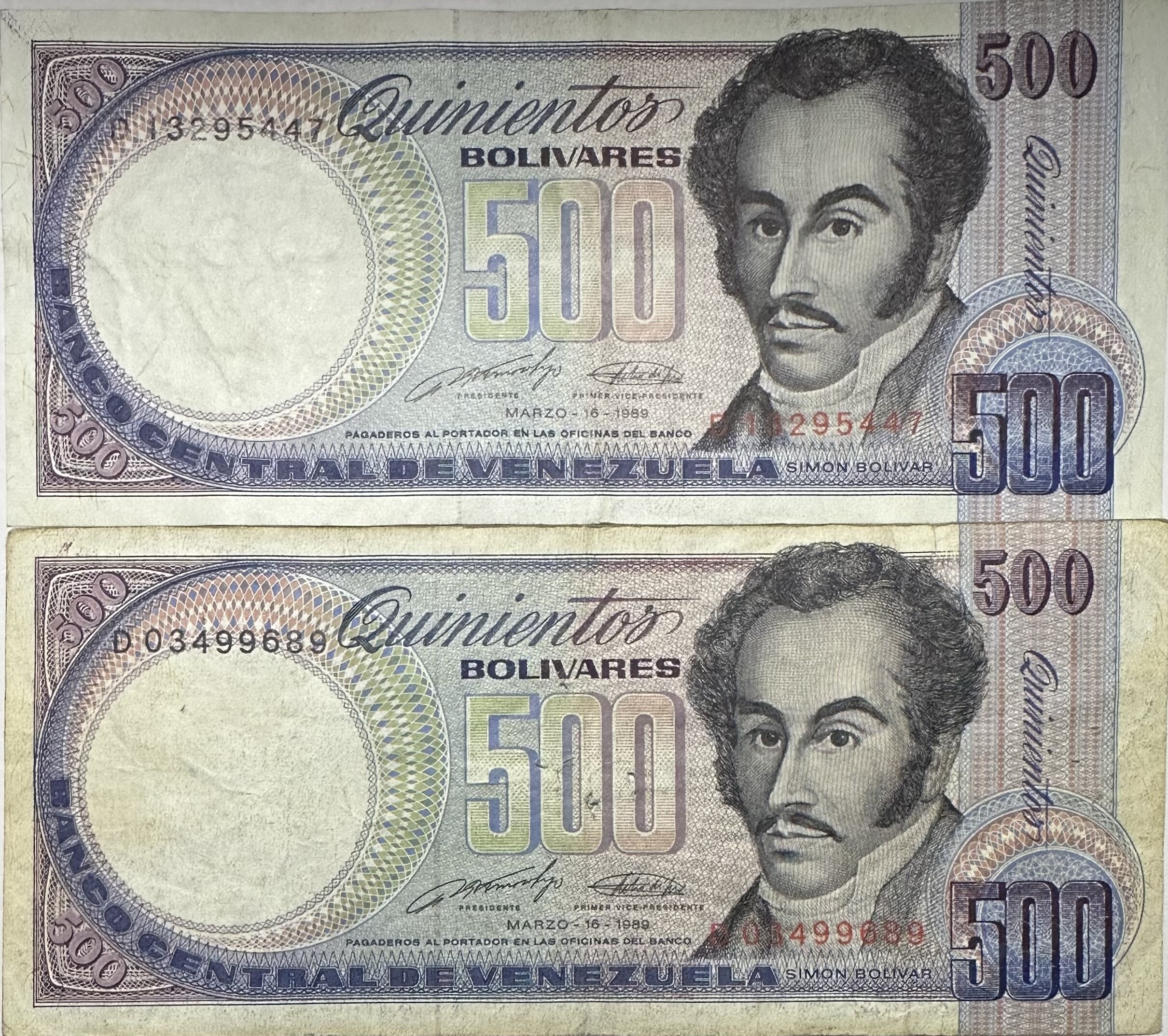 >1989 Venezuela 500 Bolivares Banknotes - 2 Crisp, Colorful Notes with ...