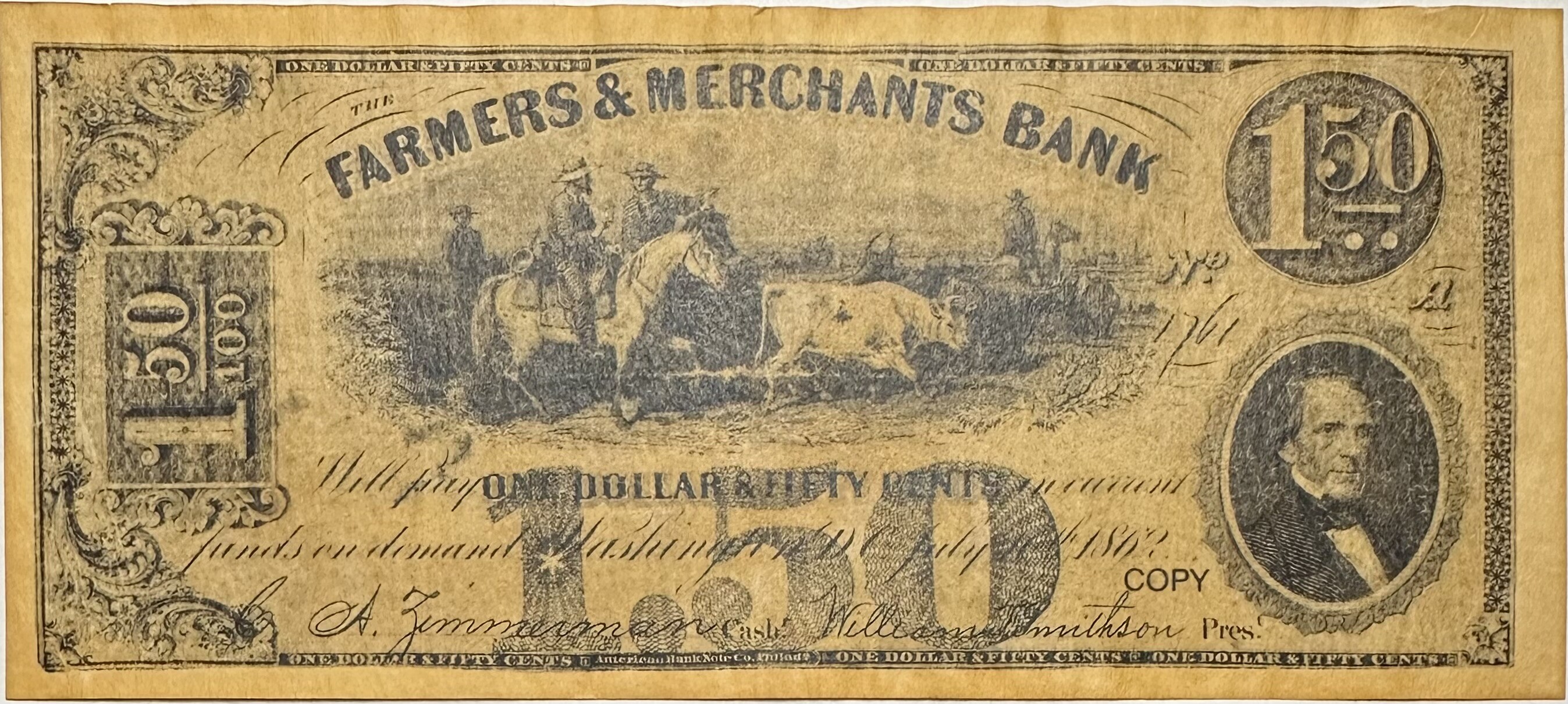 Farmers And Merchants One Dollar and Fifty Cents ($1.50) Bank Note ...