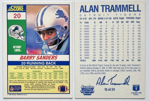 1990 Score - Barry Sanders #20 Running Back Card and Alan Trammell ...