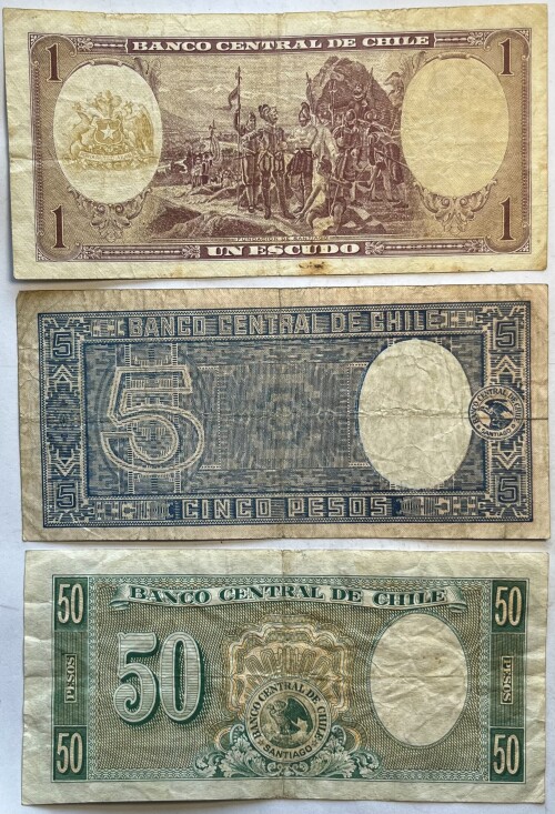 Banco Central De Chile Banknotes - 1 Escudo, 5 and 50 Pesos - 3 Notes ...