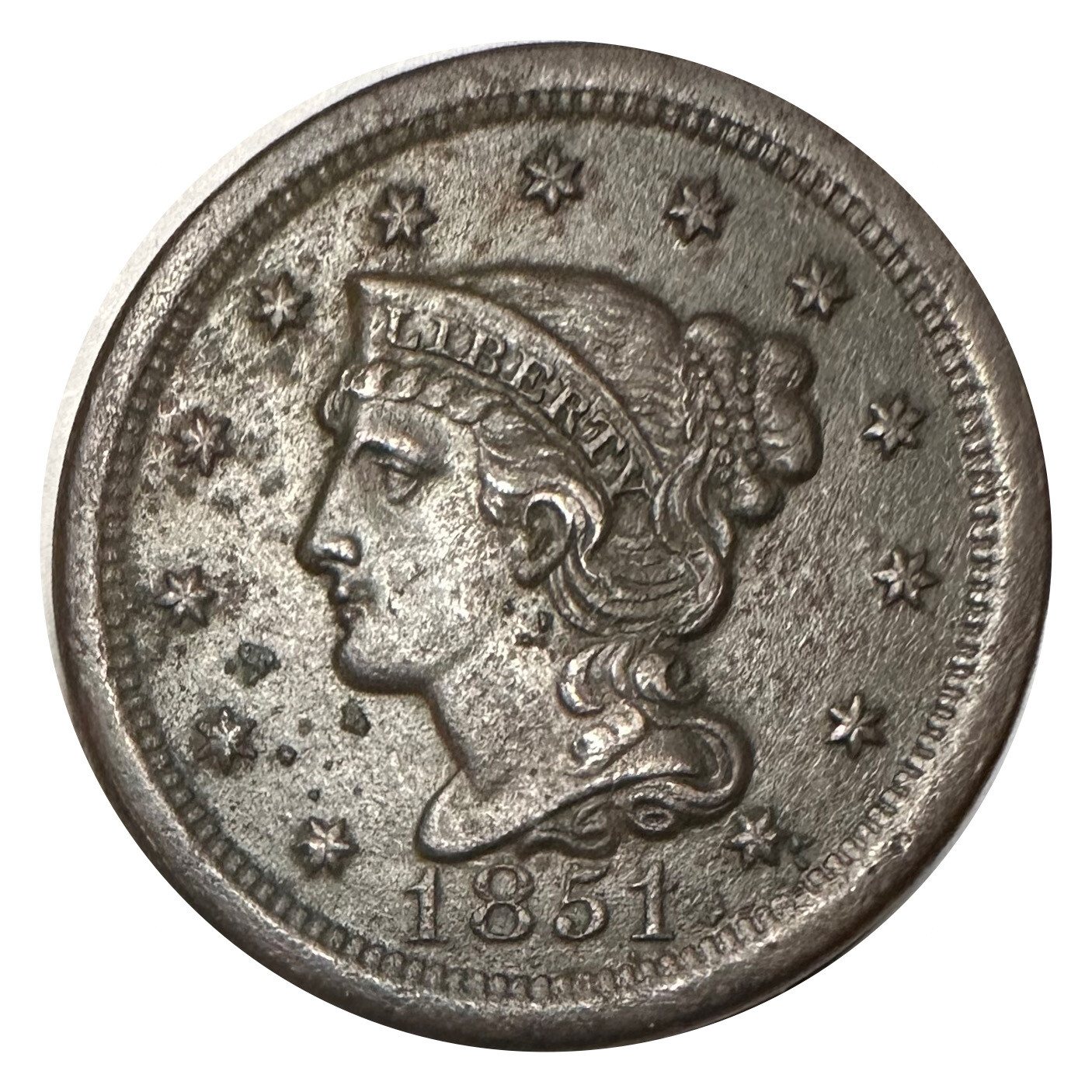 >1851 U.S. Braided Hair Large One Cent - Well Struck! | Property Room