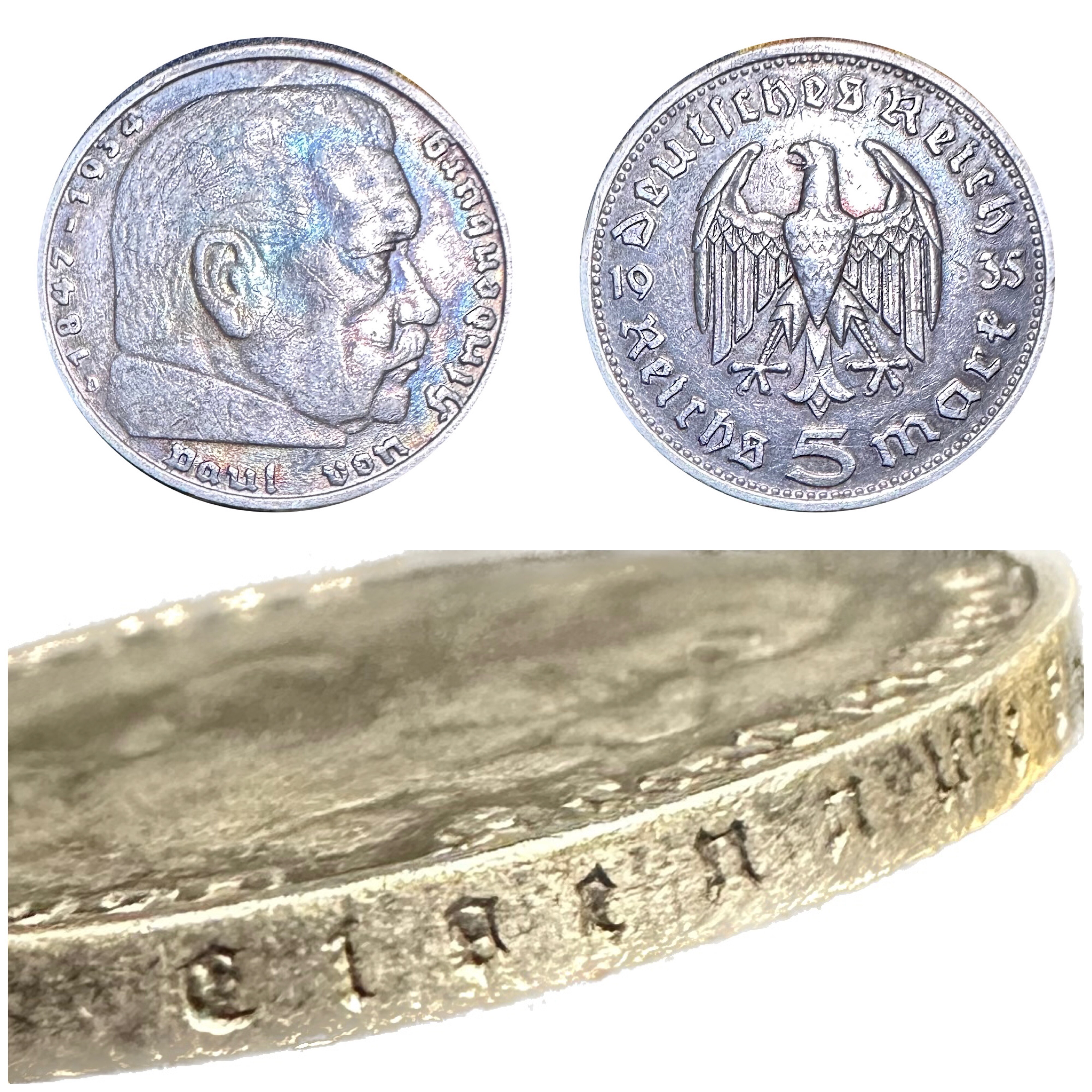 >German Coins - 1935-D Silver Von Hindenburg 5 Mark (Blue Toning and ...