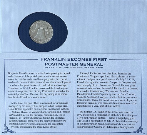 - 1951-D U.S. Silver Franklin Half Dollar & Historic Stamp on Collector ...