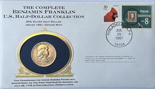 - 1951-D U.S. Silver Franklin Half Dollar & Historic Stamp on Collector ...