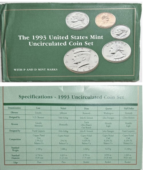 - 1993 (P&D) United States Mint Uncirculated Coin Set - 10 Coins & 2 ...