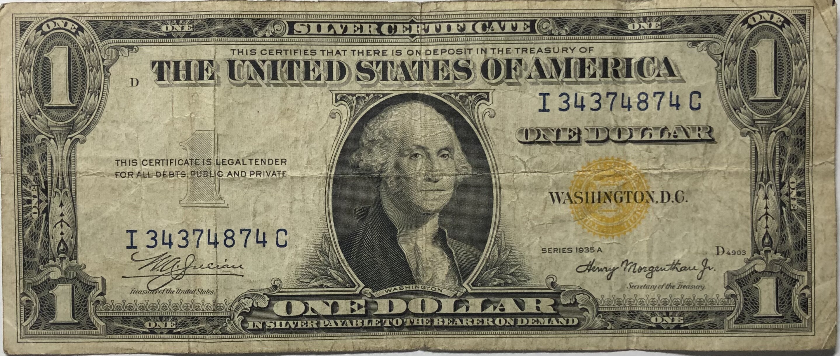 >1953A U.S. Silver Certificate One Dollar ($1) Banknote - Yellow Seal ...