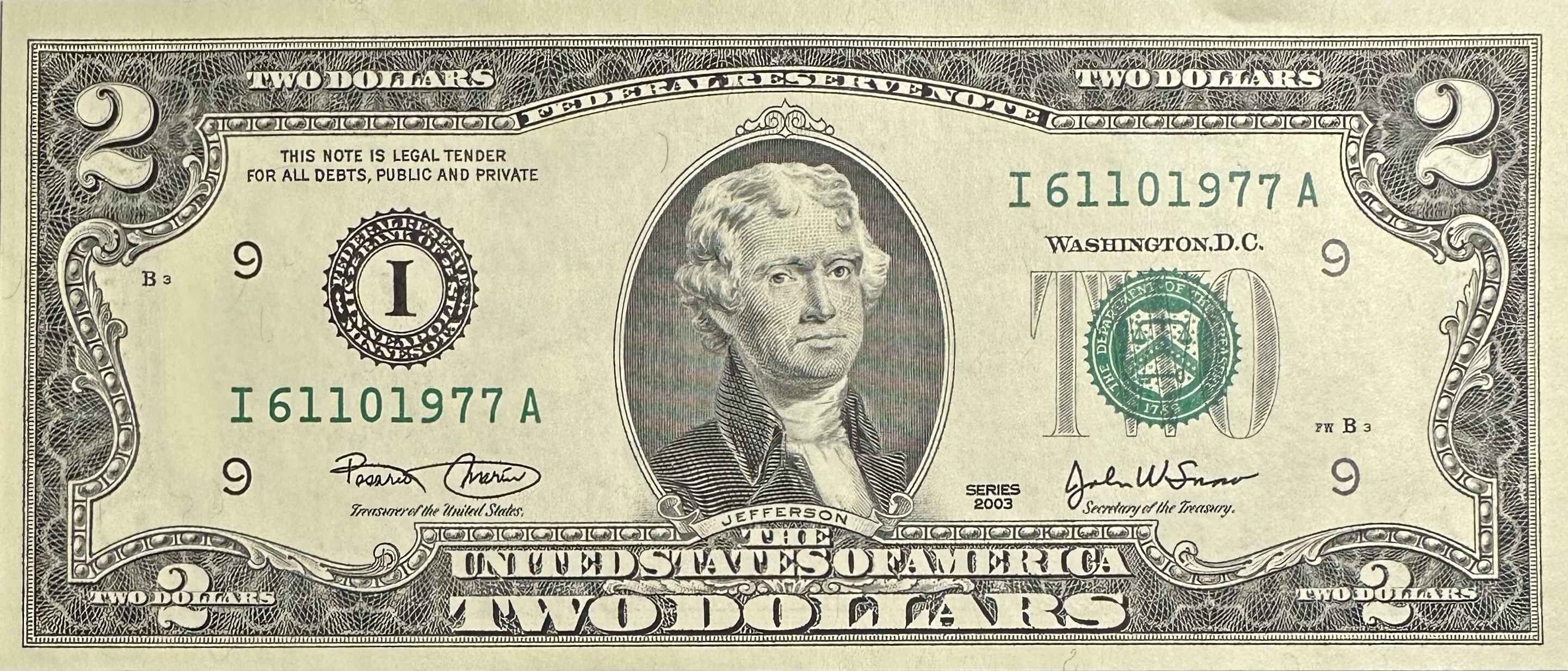 >2003 U.S. Uncirculated Crisp Two Dollar ($2) Federal Reserve Note in ...