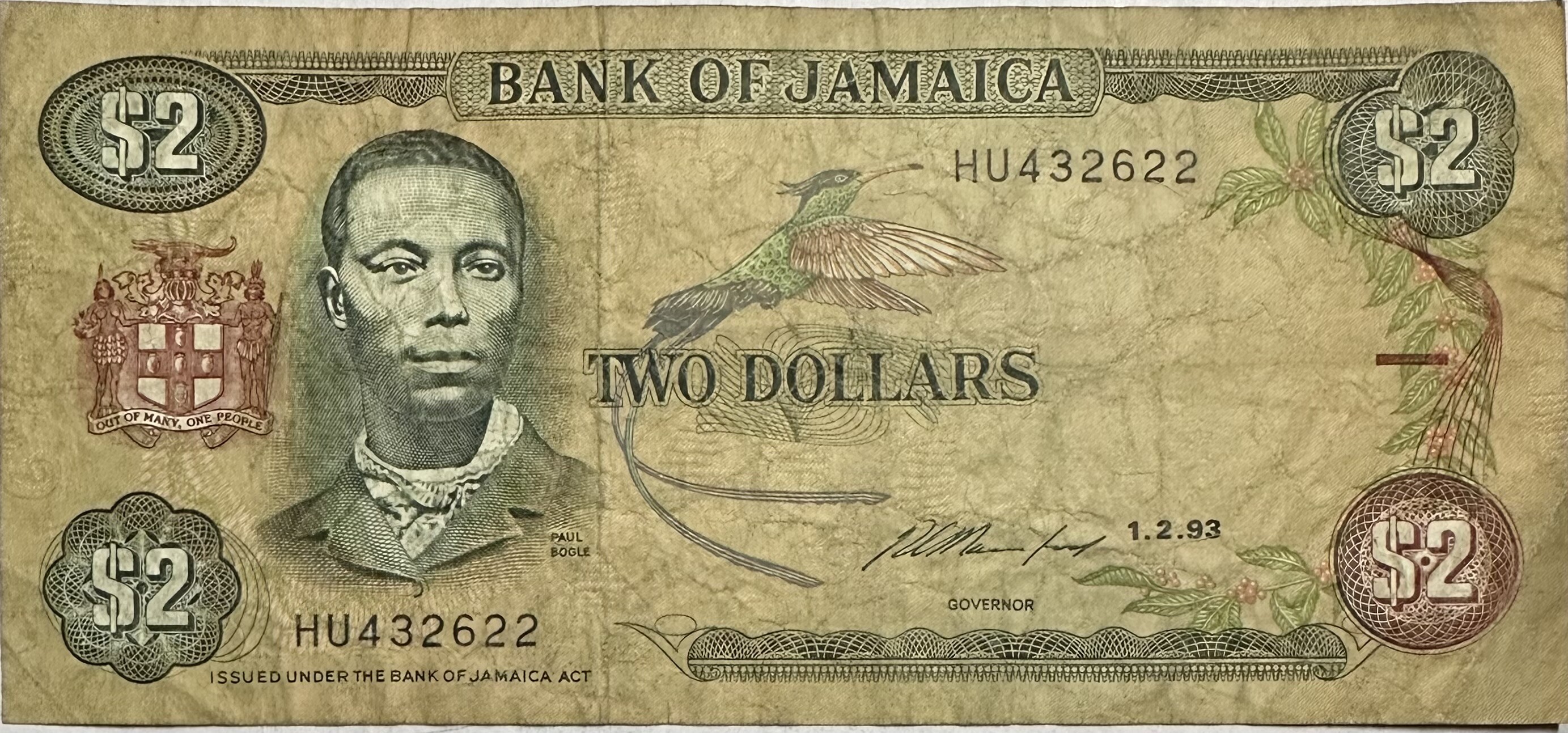 >1993 Jamaica Two ($2) Dollars Note - "Out of Many, One People ...
