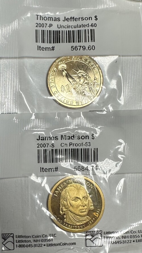 Two Uncirculated U.S. Presidential $1 Coins - 2007-P - Thomas Jefferson ...