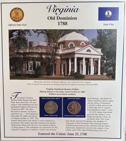 - 2000 (D&P) U.S. Virginia BU Quarters - "Old Dominion 1788" and 3 ...