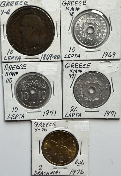 1869-BB, 1969, 1971 (2) & 1976 Collection of Greece Catalogued Coins - 5 Coins | Property Room