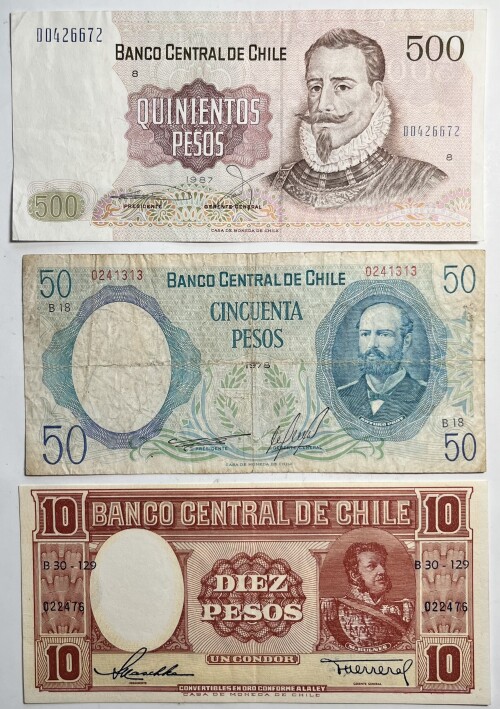 1978, 1987 & Undated Chile Banco Central De Chile 50, 500 Peso & 10 ...