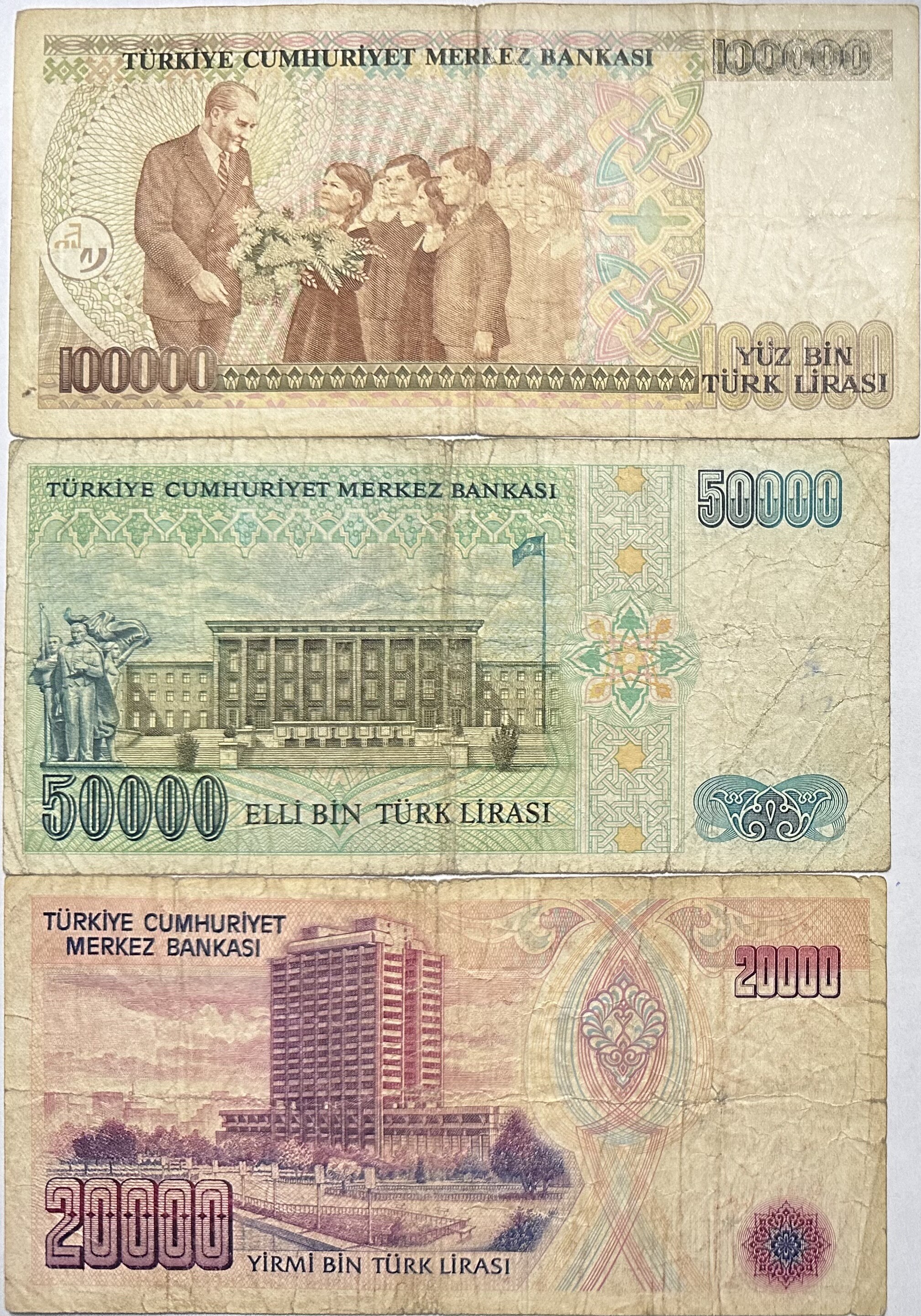 1970 Turkey Paper Currency - 100,000, 50,000 and 20,000 Lirasi Notes ...