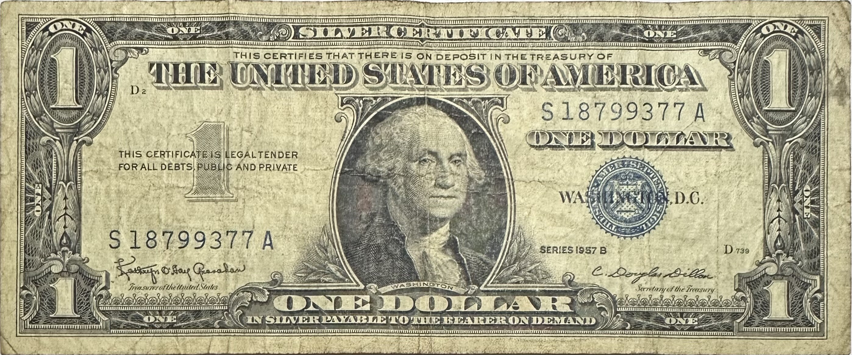 1957 B Series U.S. One Dollar ($1) Silver Certificate Blue Seal Note ...