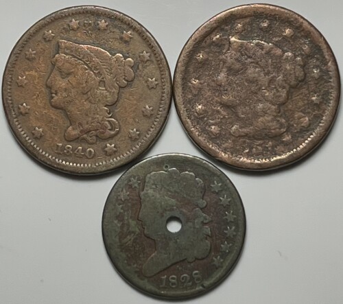 . 1840, 1851 U.S. Liberty Braided Hair Large Cents & 1828 Holed 12 Star ...