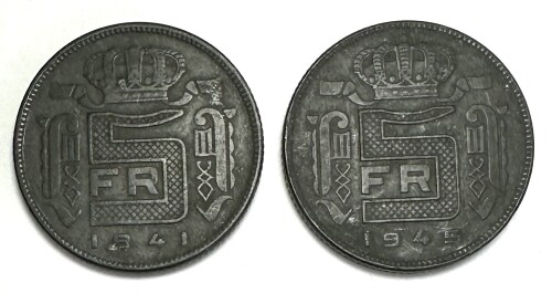- 1941 & 1945 Belgium Leopold III 5 Francs Coins | Property Room
