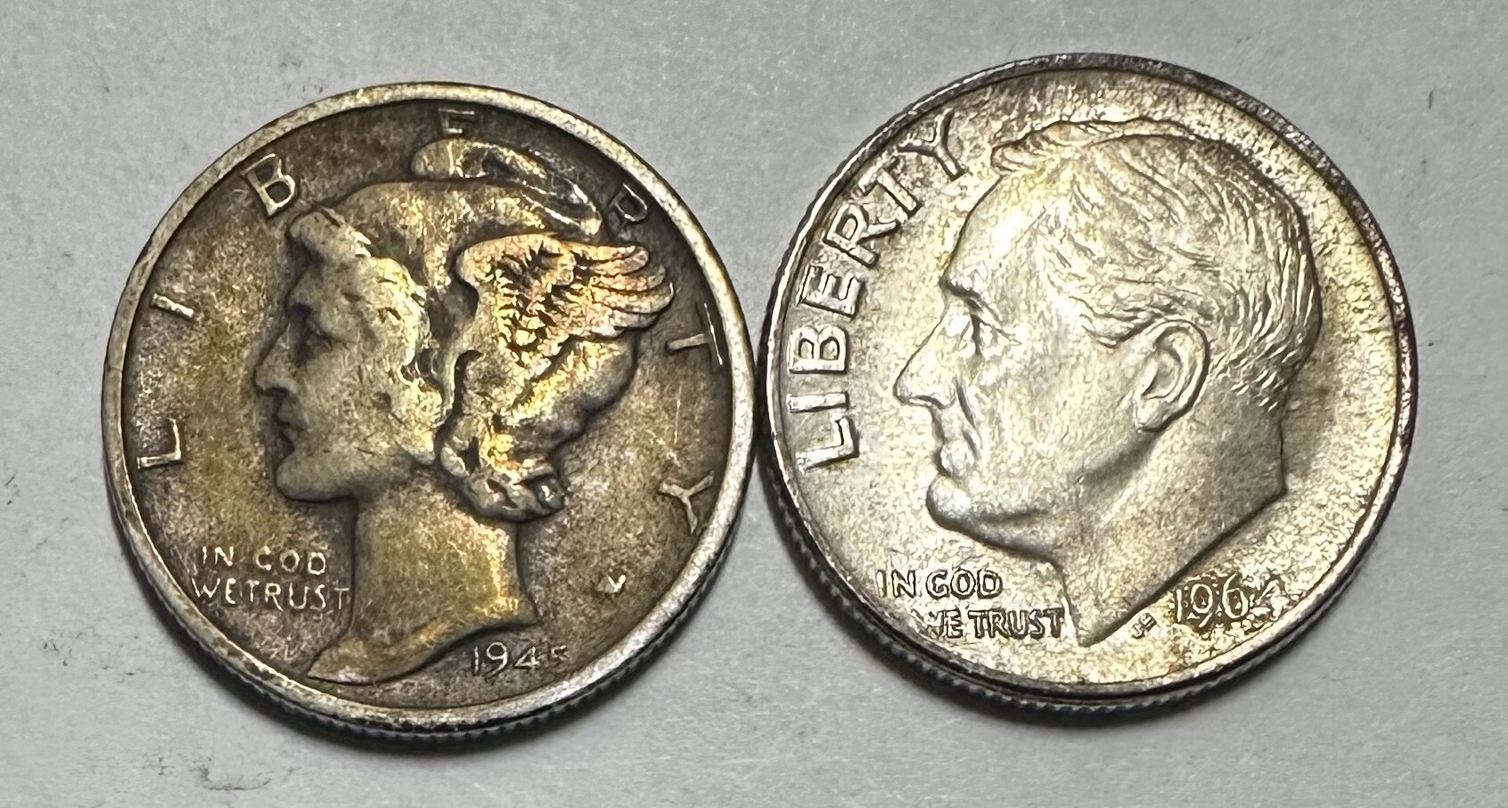 1945-S U.S. Silver Mercury Dime with Dark Toning and 1964-P Silver ...
