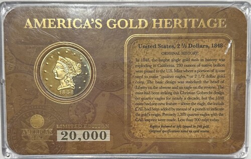 - 1848 Replica U.S. 2 1/2 Dollar - America's Gold Heritage - Limited Edition - 90% Gold ...