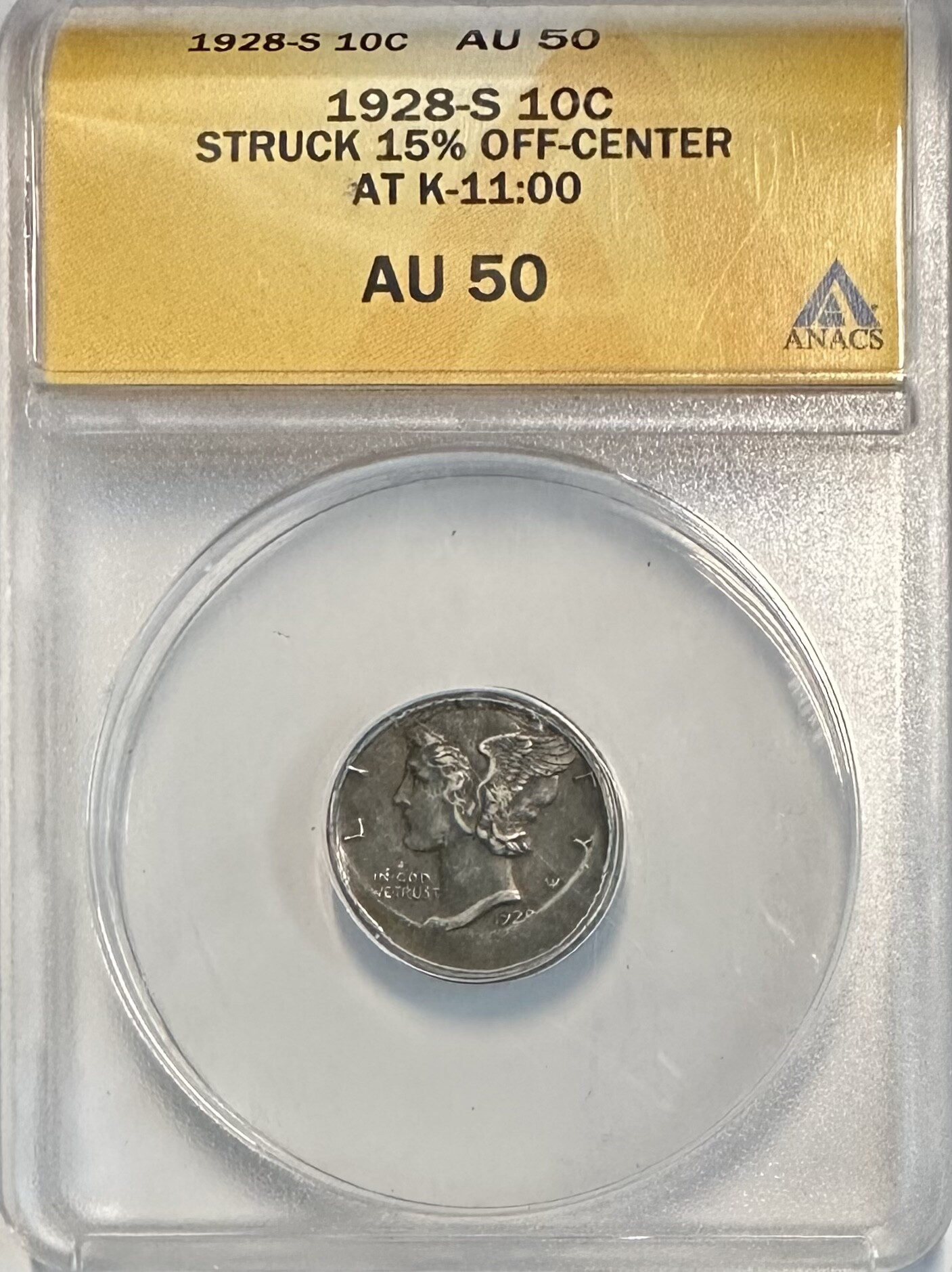 >1928-S U.S. Silver Mercury Dime - ERROR - Struck Off-Center ...