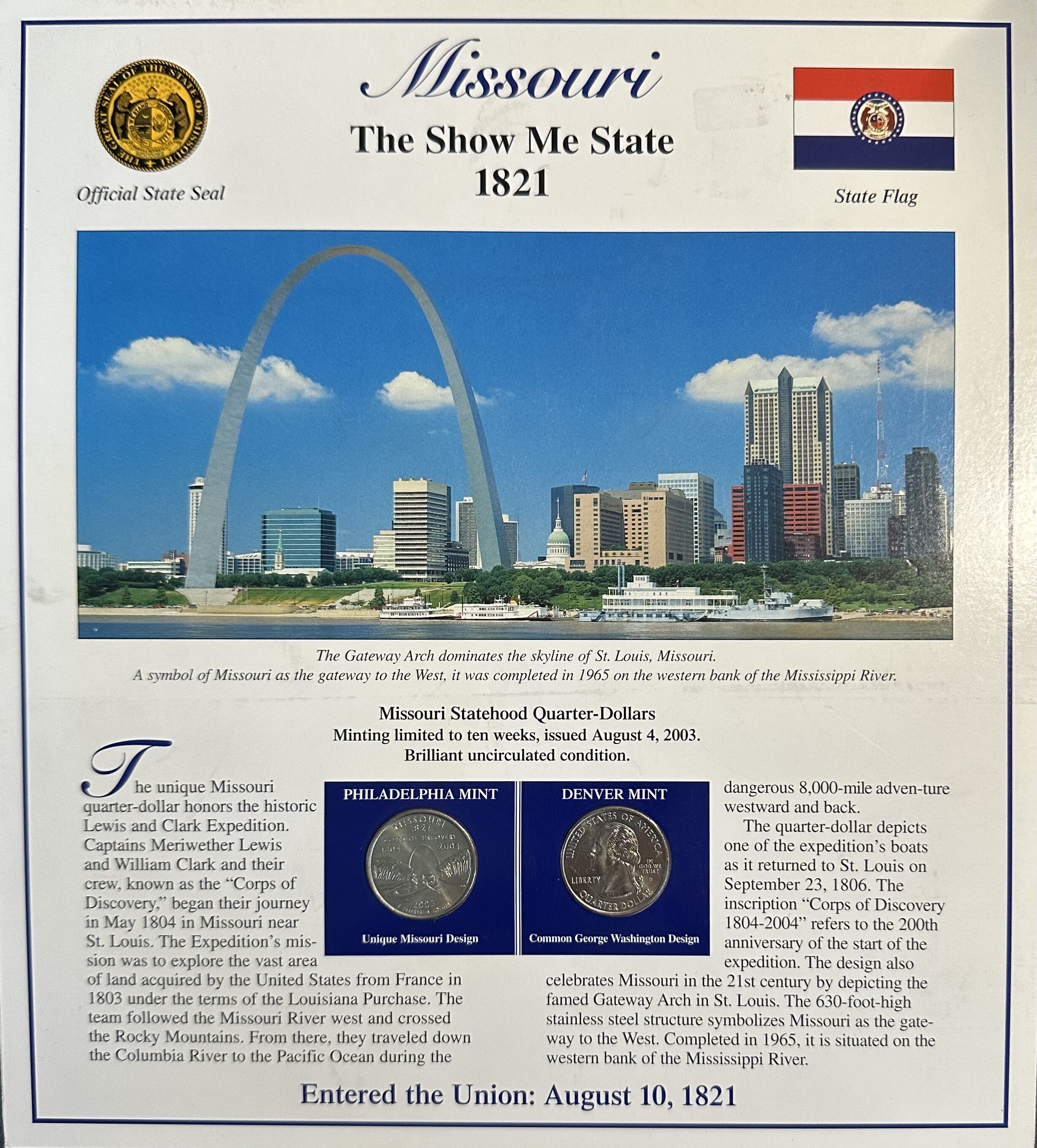 >2003 (P&D) U.S. Missouri State Quarters with 3 Historic Stamps on ...