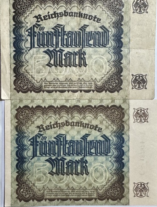 - 1922 German Funflaufend 5000 Mark - Reichsbank Banknote - 2 Banknotes ...