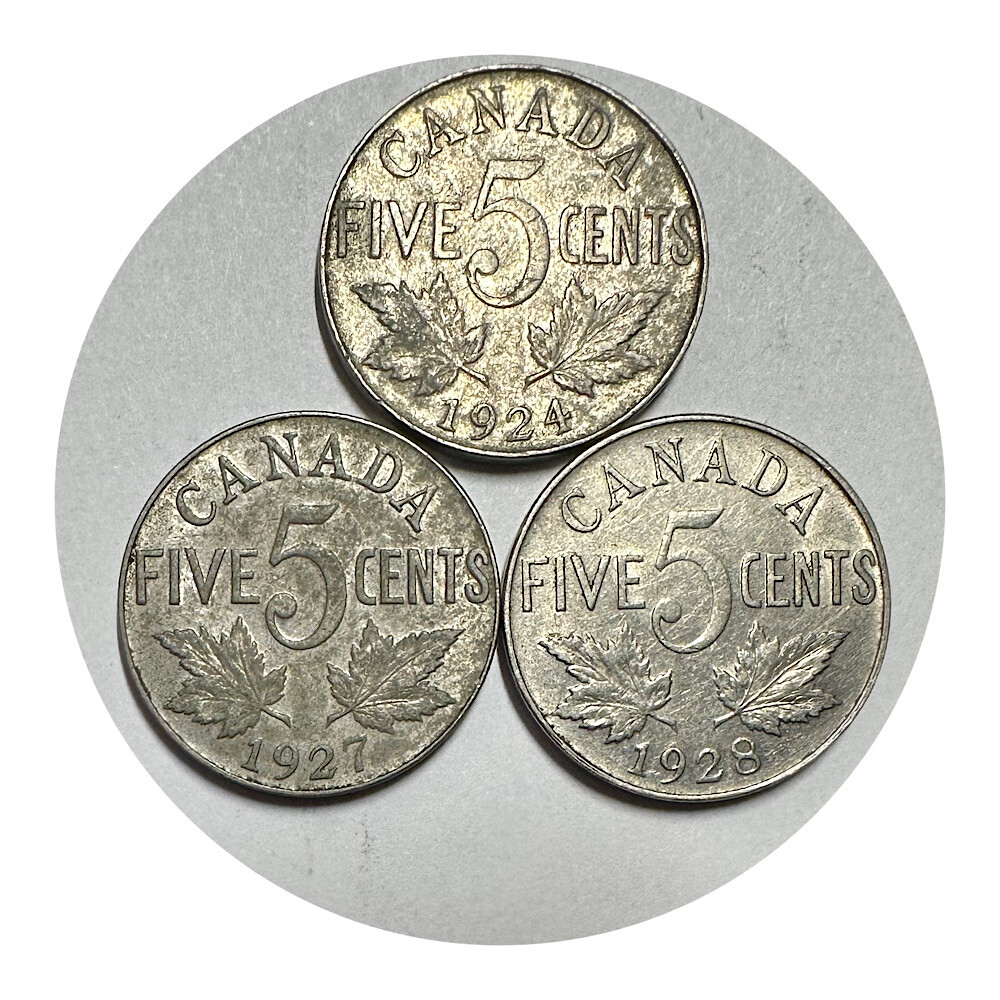 >1924, 1927 & 1928 Canada Five (5) Cents Coins - 3 Coins | Property Room