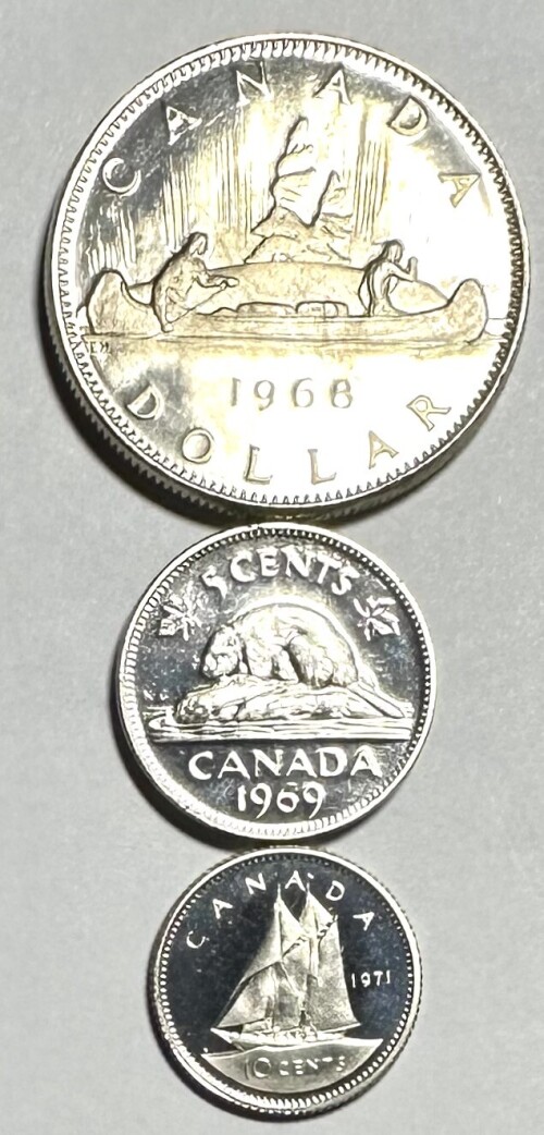 1968 Canada Dollar, 1969 Five Cents and 1971 10 Cents - 3 Coins ...