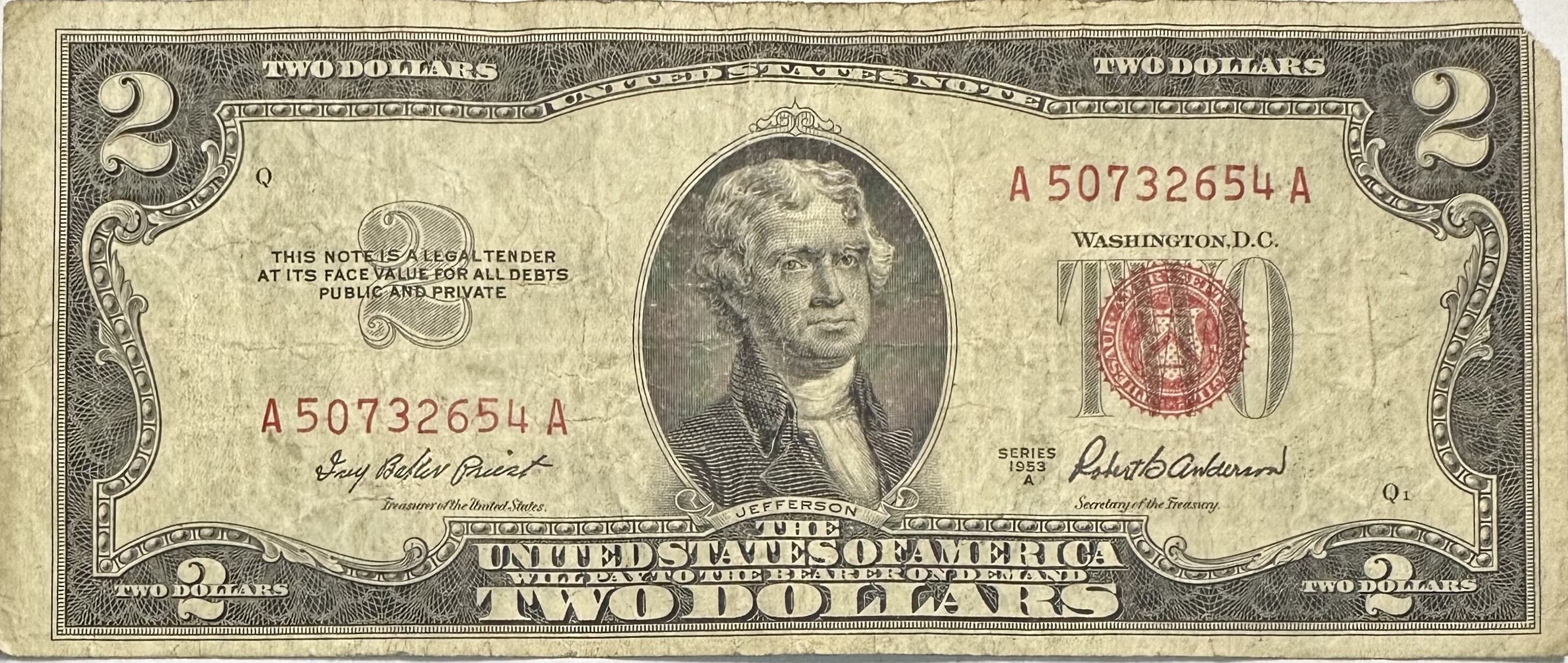 1953 A Series U.S. Two ($2) Dollars Banknote - Red Seal | Property Room