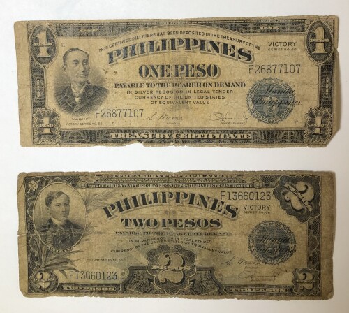 1922 Philippines 2 Banknotes - One Peso and Two Peso - Issued by US ...