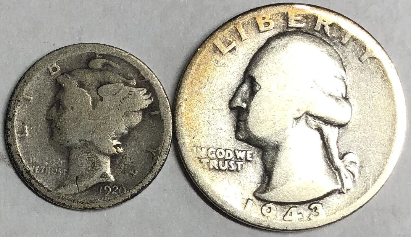>1920 U.S. Silver Mercury Dime and 1943-D U.S. Silver Washington ...