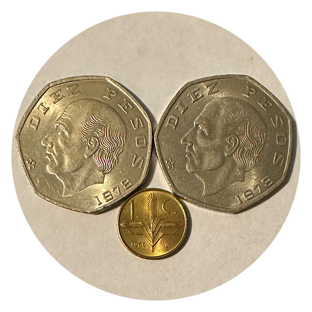 >(2) 1978 Mexico 10 Pesos Unique 7-Sided Coins and 1966 Mexico 1c Small ...